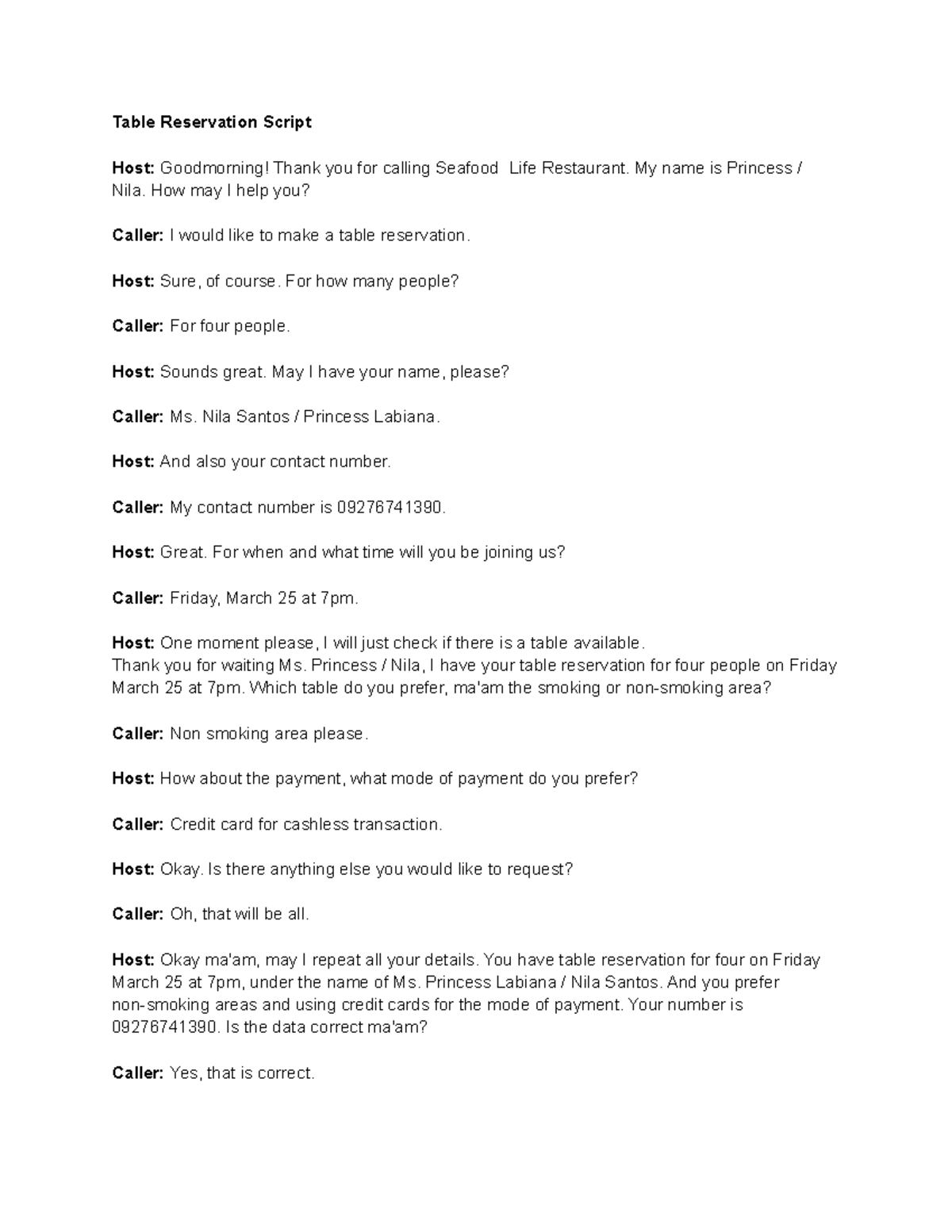 Table Reservation Script for Seafood Life Restaurant - Studocu