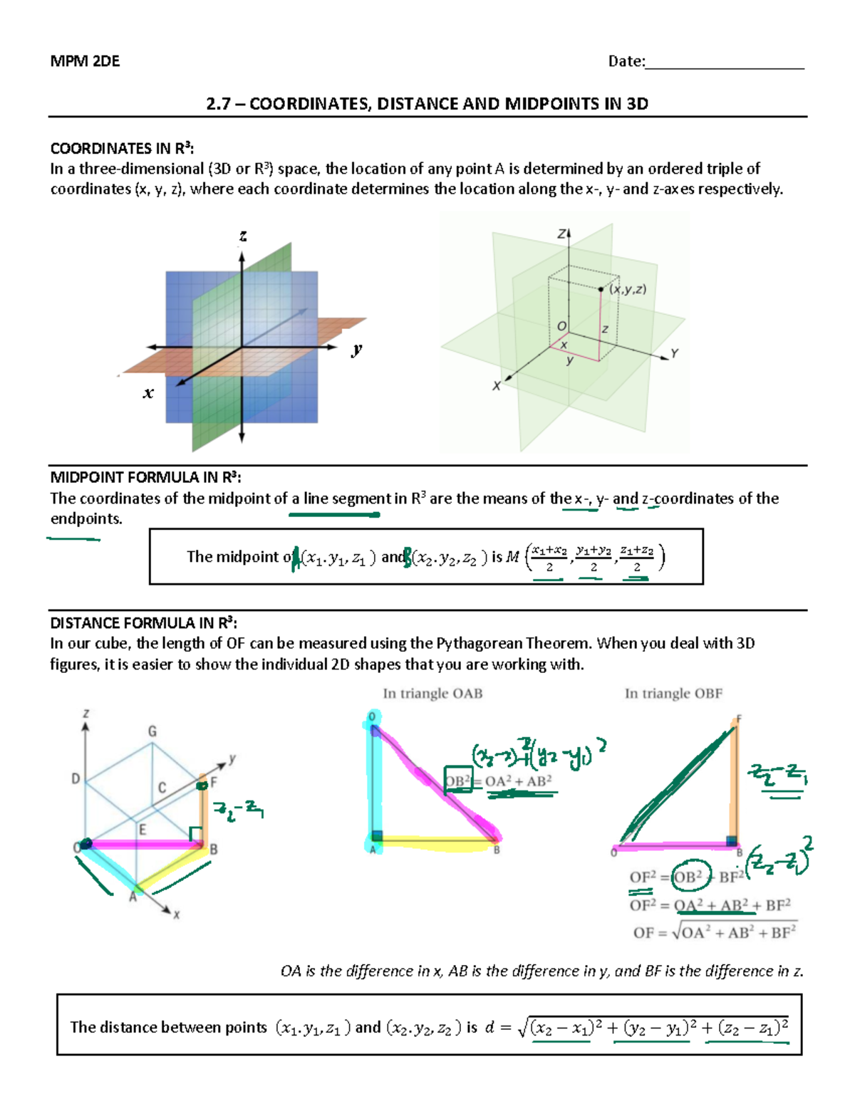 Worksheet 2.7: Midpoints and Distances in 3D (MPM 2DE) Notes - Studocu