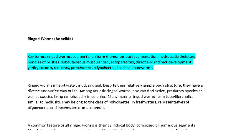 Annelida Study: Key Terms and Characteristics of Ringed Worms - Studocu