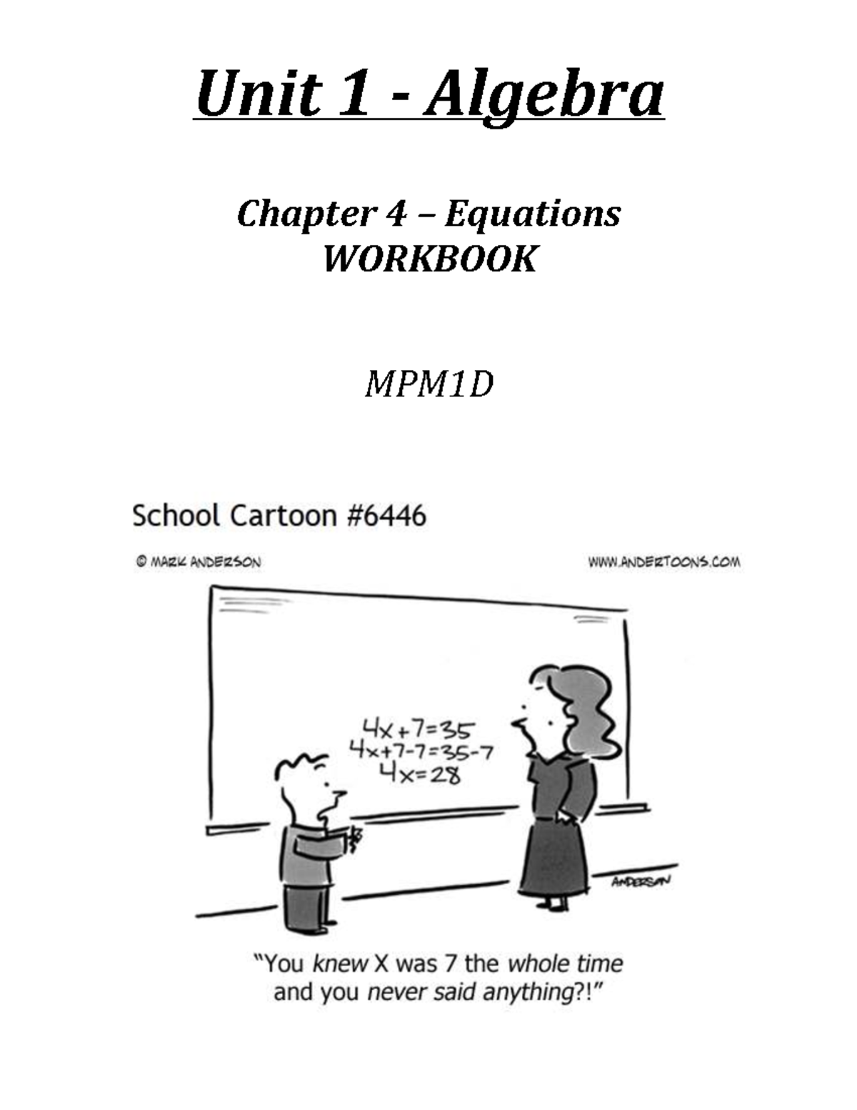 MPM1D Unit 1 Algebra Chapter 4 Equations Worksheet Review - Studocu