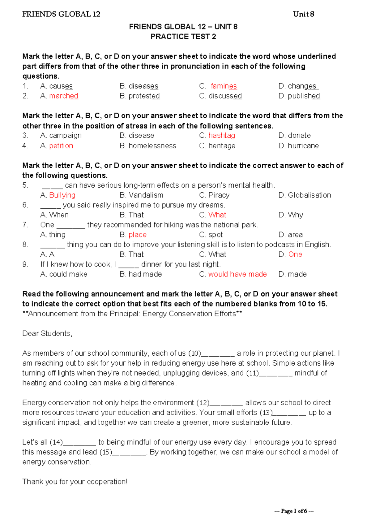 FG12 Unit 8 Practice Test 2: Pronunciation & Comprehension Questions ...