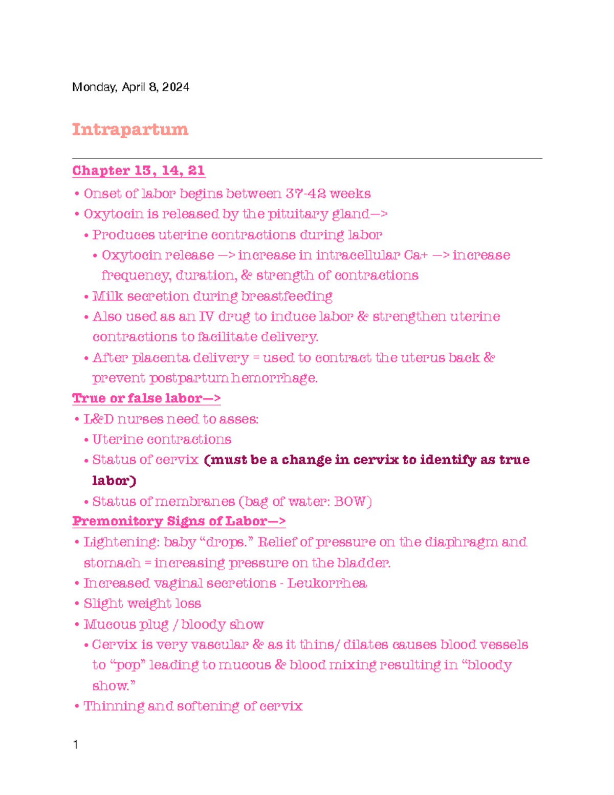 OB Intrapartum - Comprehensive Class Notes for Nursing Students - Studocu