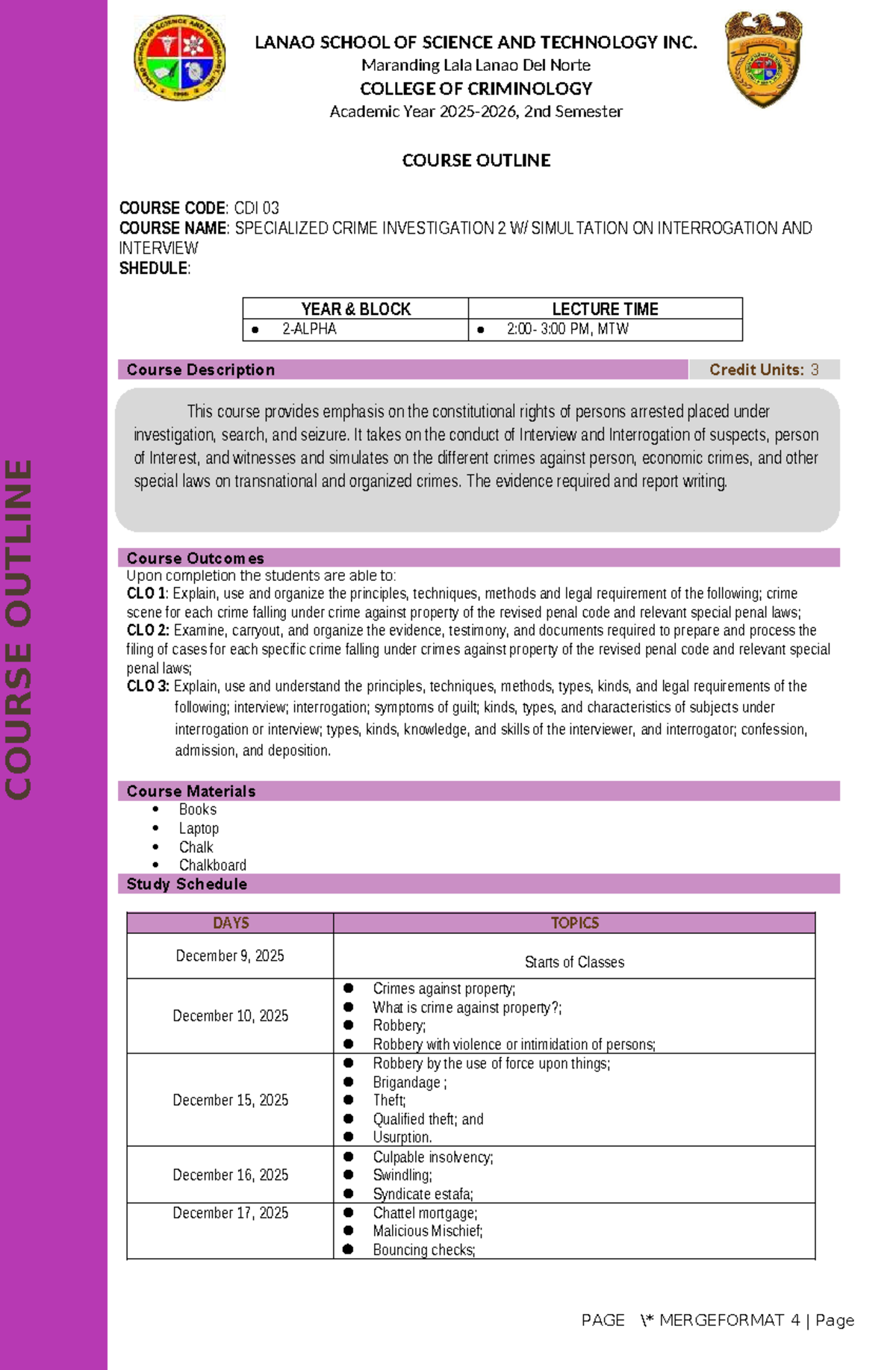 Course Outline: CDI 03 Specialized Crime Investigation 2 ...
