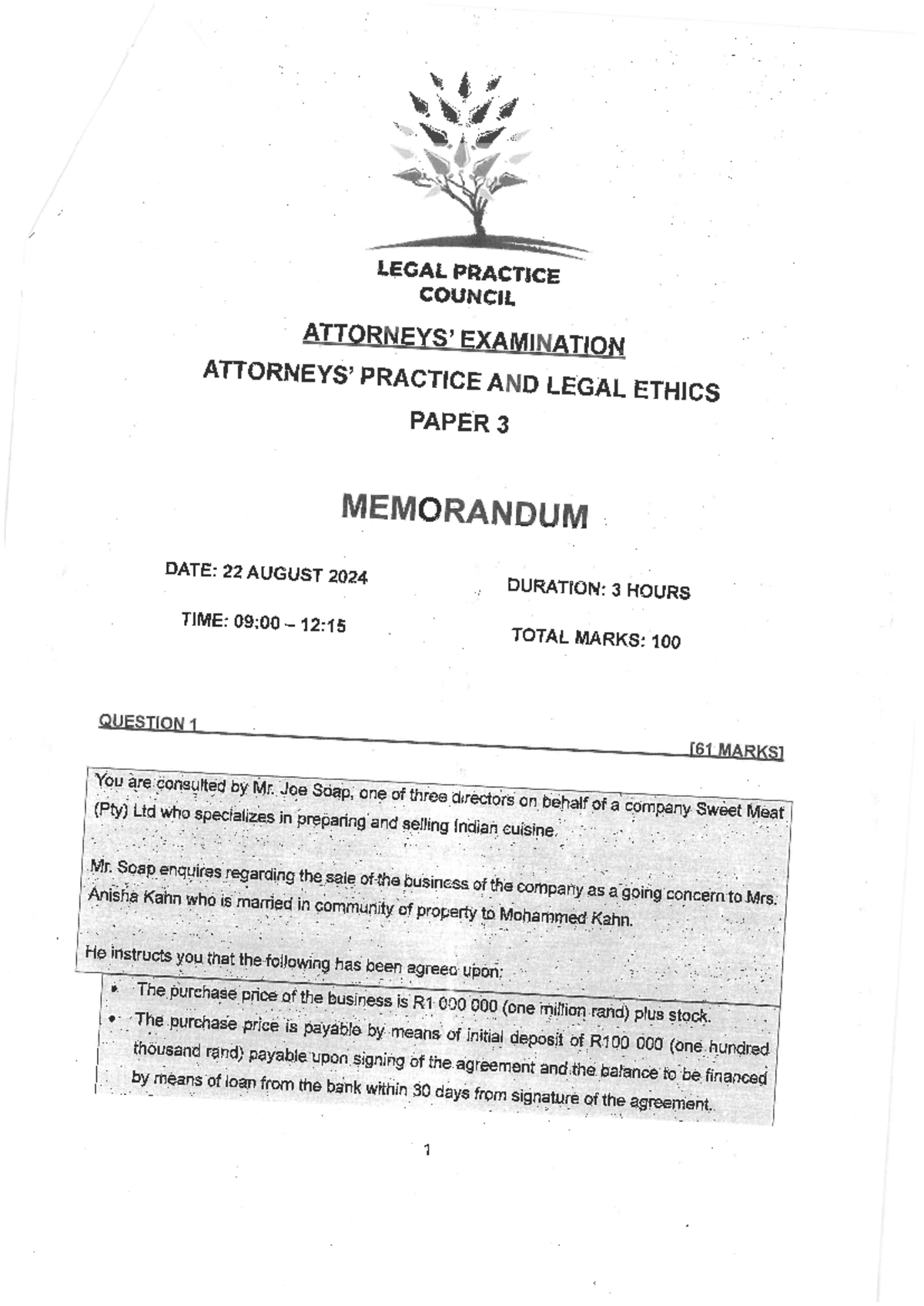 Legal Practice Council Exam August 2024 - Paper 3 Memorandum - Studocu