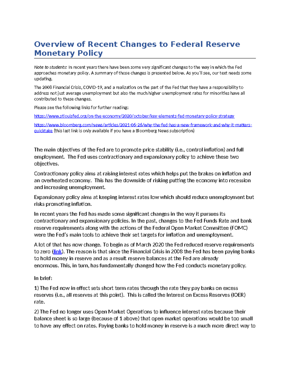 Recent Changes in Fed Monetary Policy: An Overview - Studocu