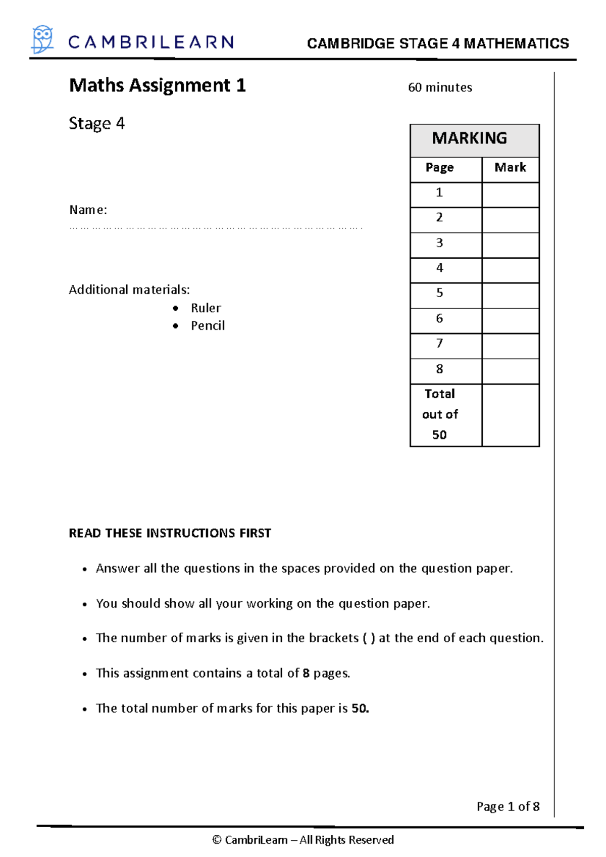 CAMBRIDGE STAGE 4 MATHEMATICS Assignment 1 - 50 Marks - Studocu