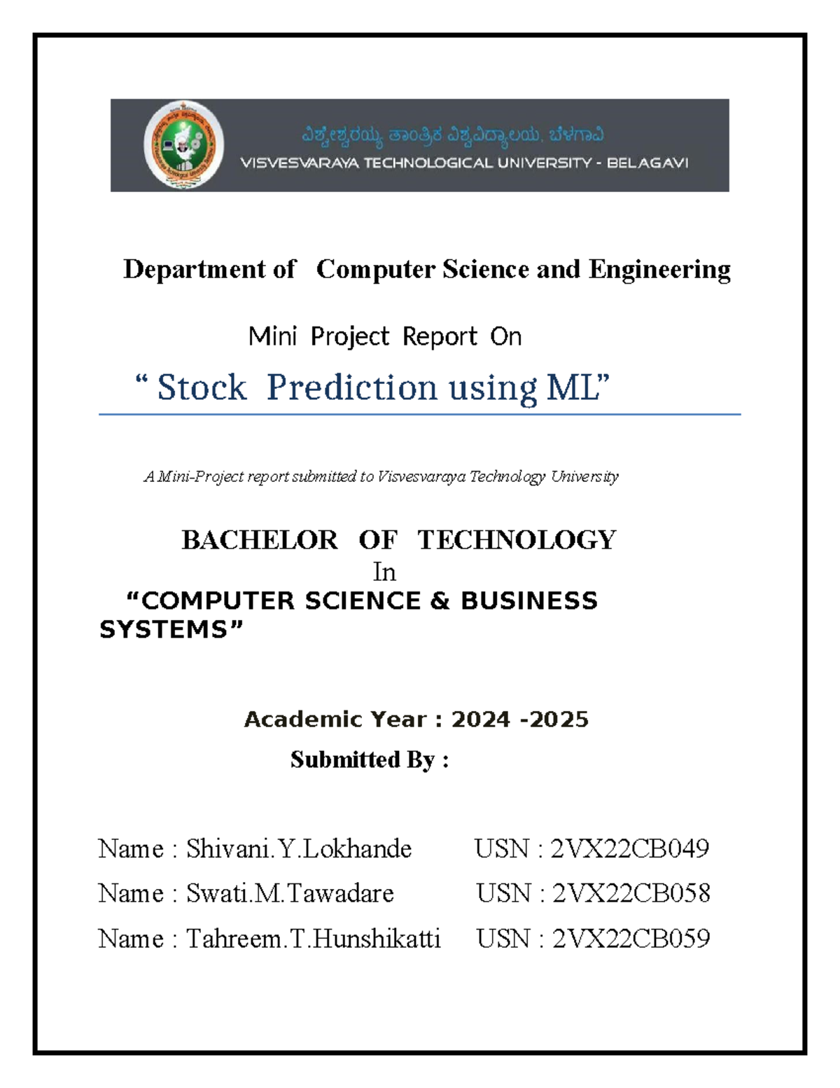 Report on stock prediction project - Department of Computer Science and Engineering Mini Project ...