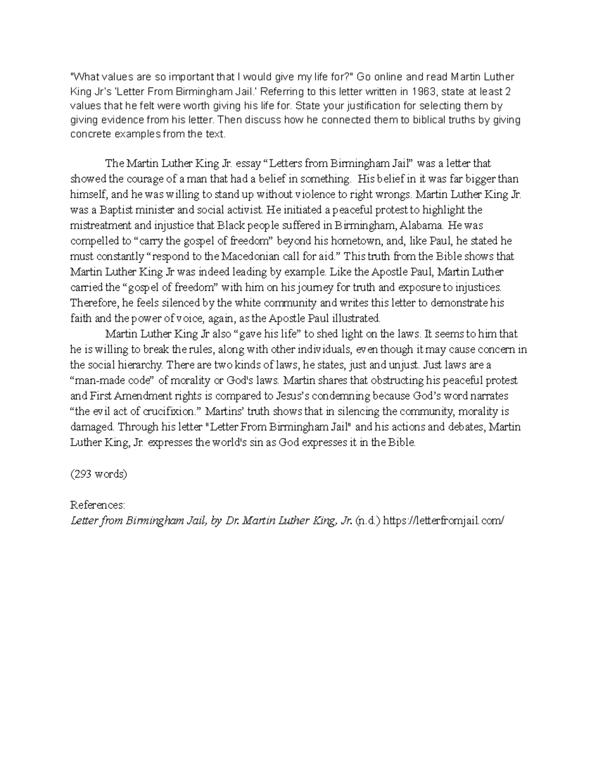 Discussion on MLK's Core Values from "Letter From Birmingham Jail ...