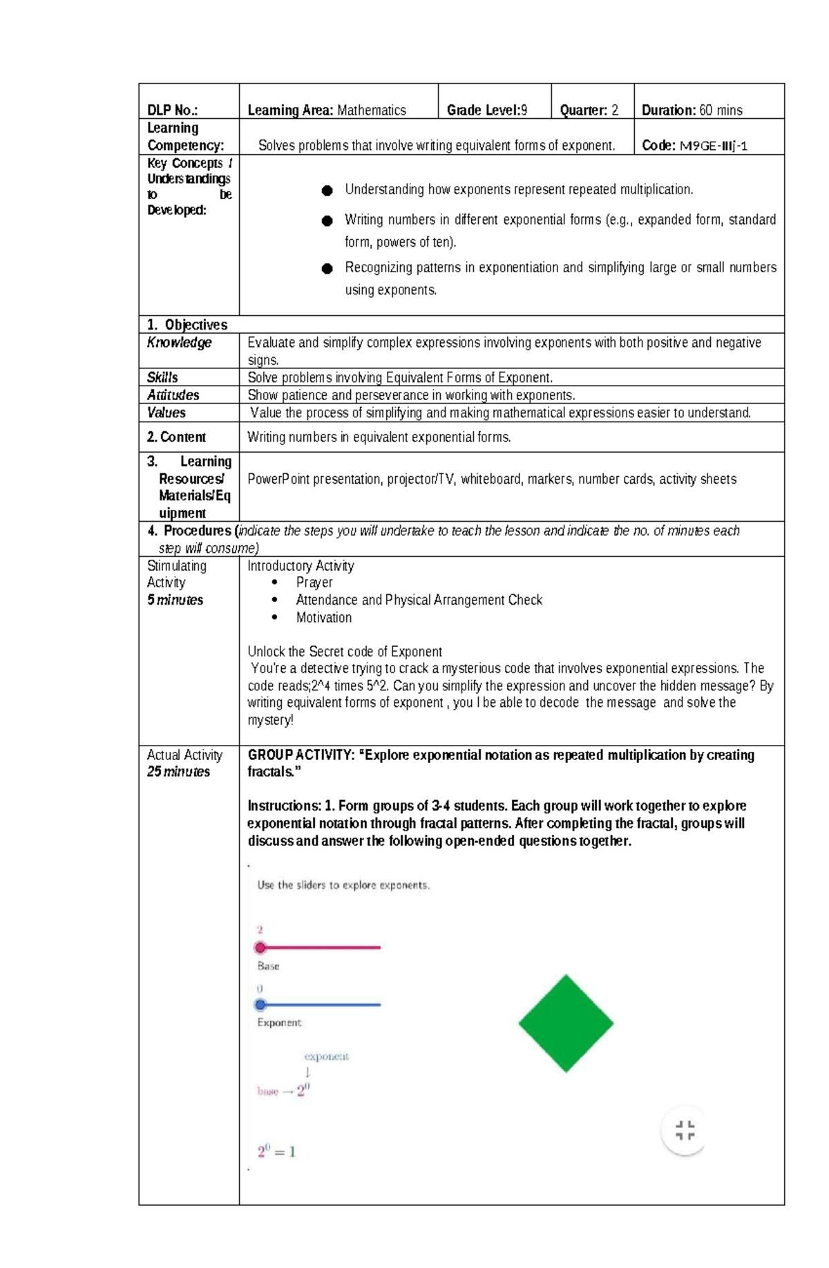 M9GE-IIIj - Multi-sensory Lesson Plan: Exponents for Grade 9 - Studocu