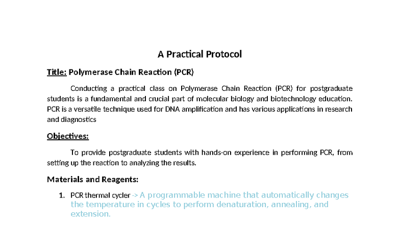PCR Protocol for Postgraduate Students: A Practical Guide (BIO 501 ...