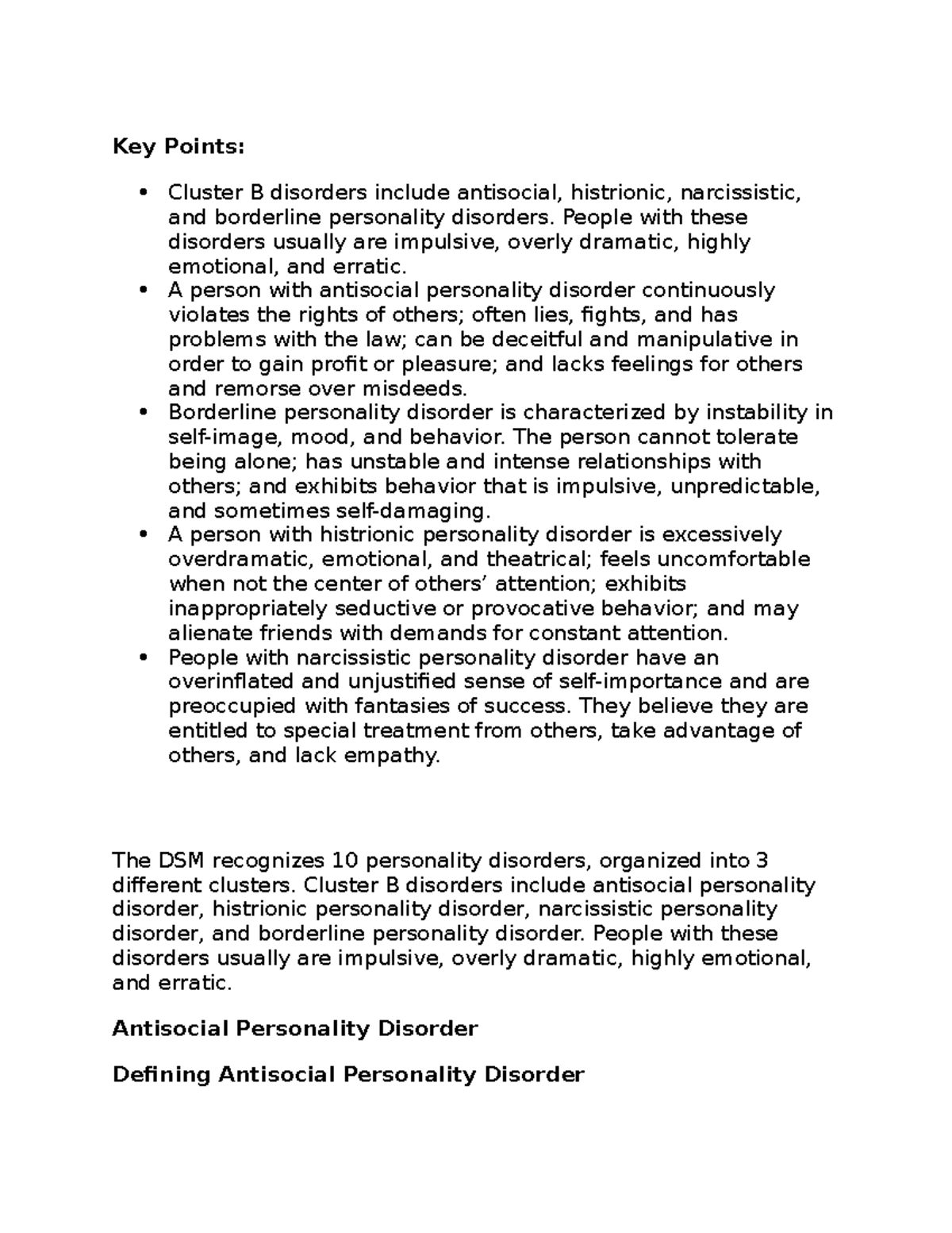 Cluster B Personality Disorders: Antisocial, Borderline, Histrionic ...