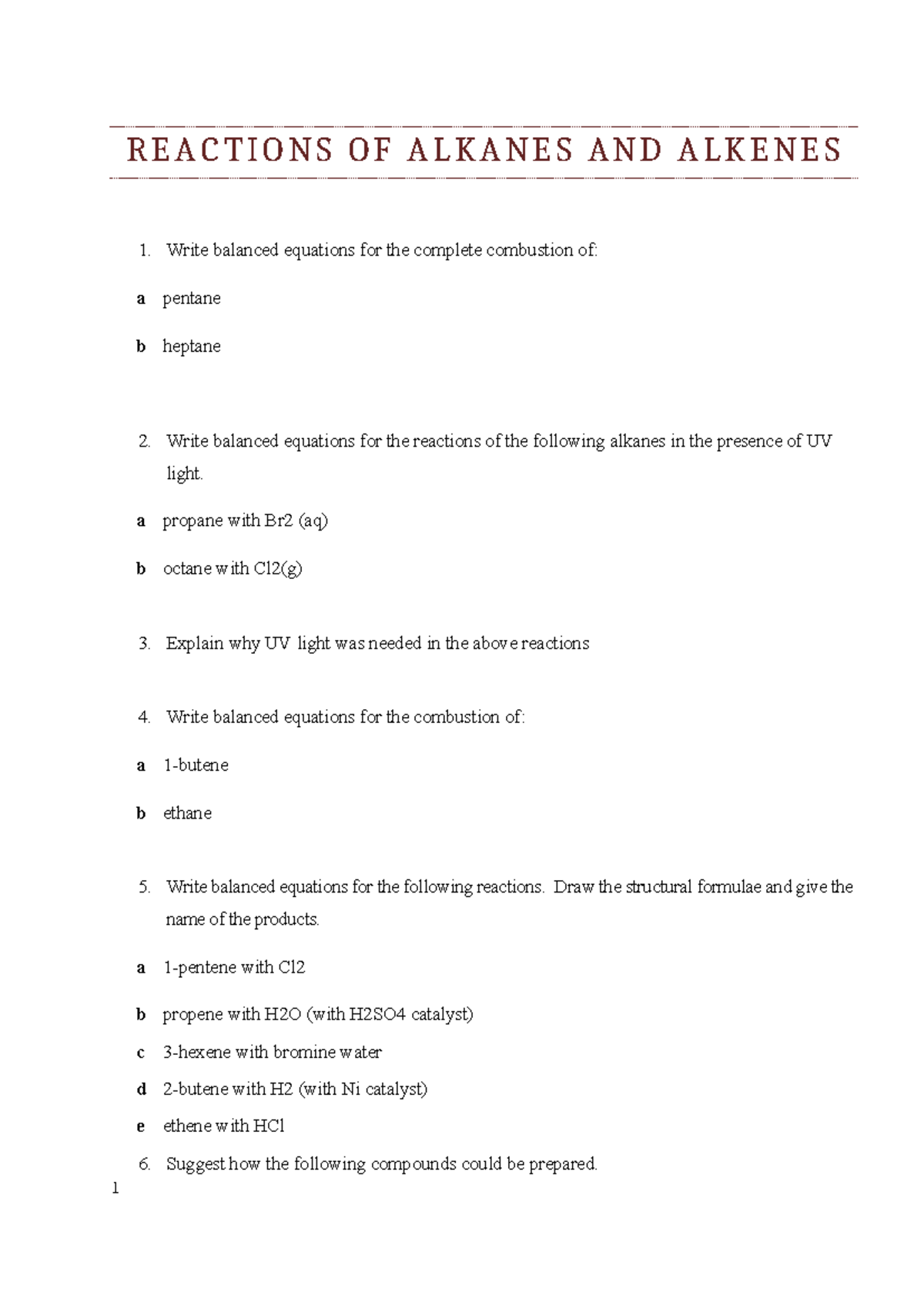 CHEM 101: Reactions of Alkanes and Alkenes Summary - Studocu