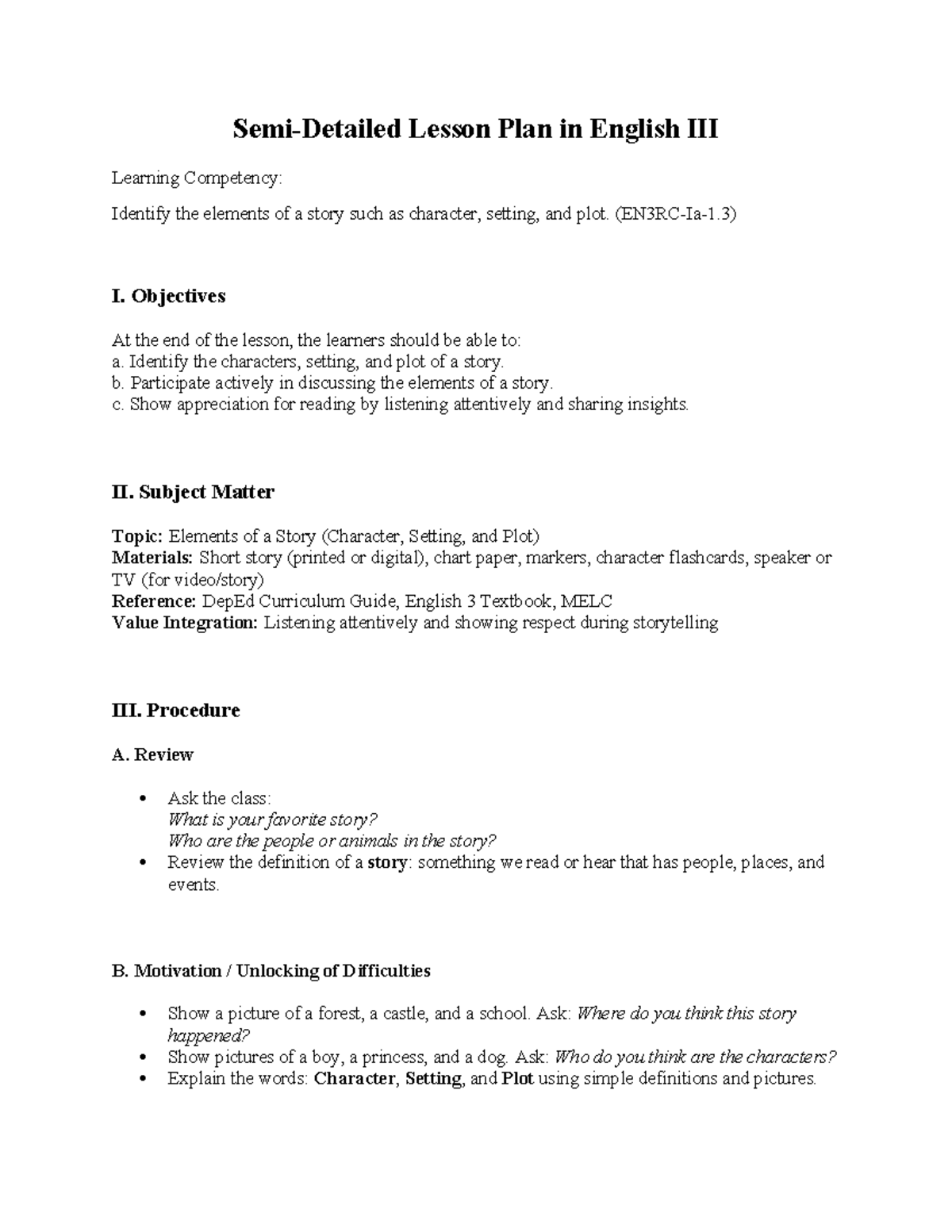 Semi Detailed Lesson Plan in English III - Semi-Detailed Lesson Plan in ...