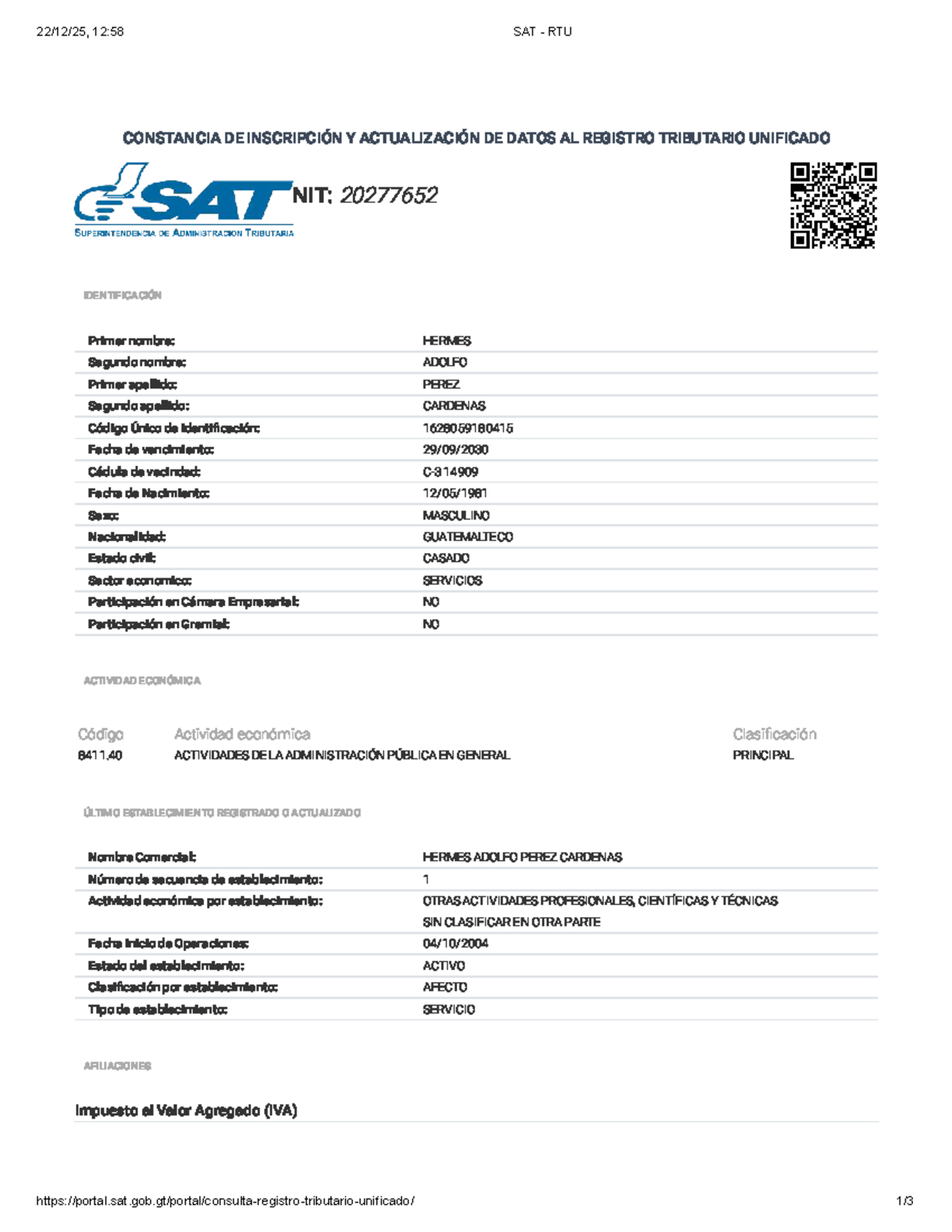 RTU Constancia de Inscripción de Hermes Adolfo Pérez C. - SAT - Studocu