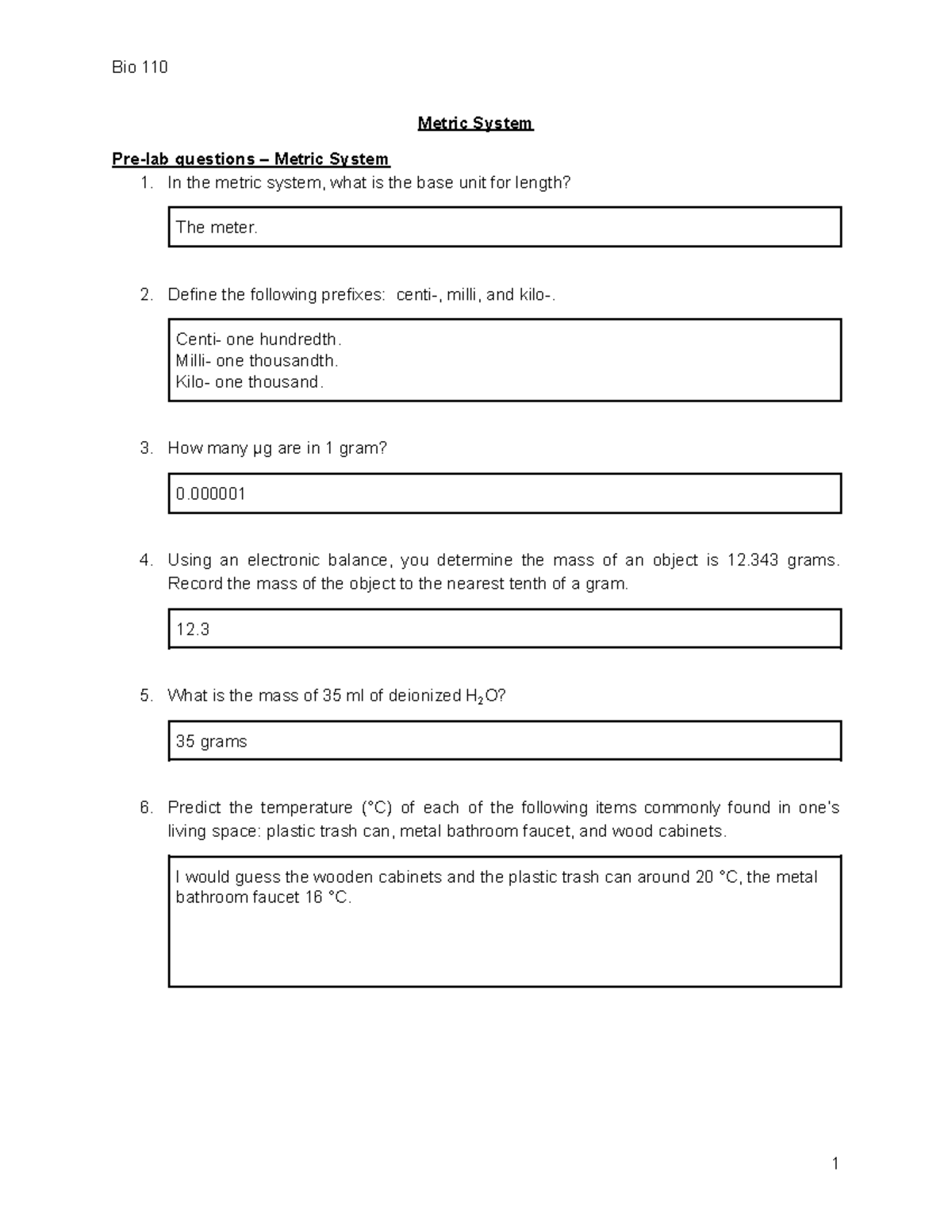 BIO 110 Week 1 Lab: Understanding the Metric System - Studocu