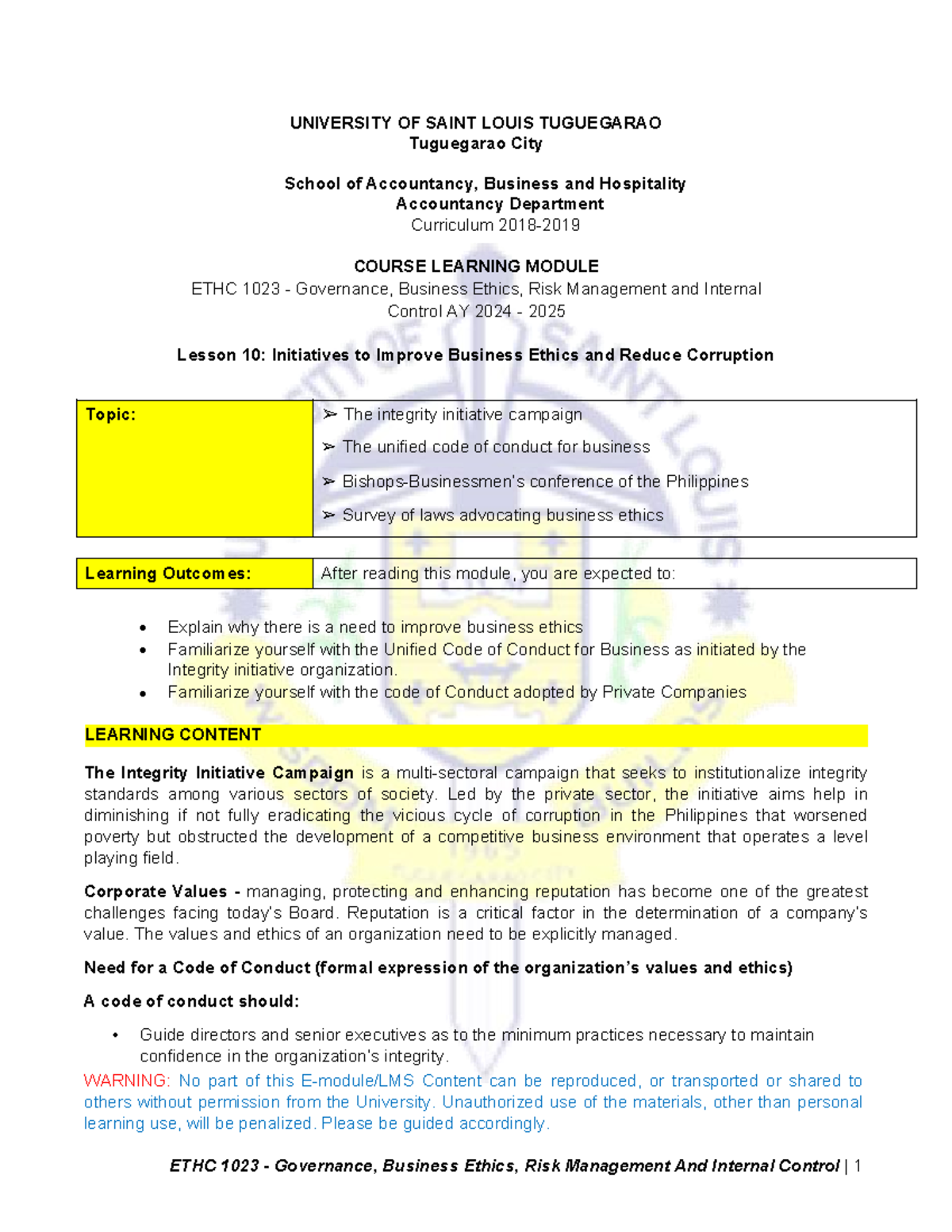 ETHC 1023 Module 10 - hihauhaua - WARNING: No part of this E-module/LMS ...
