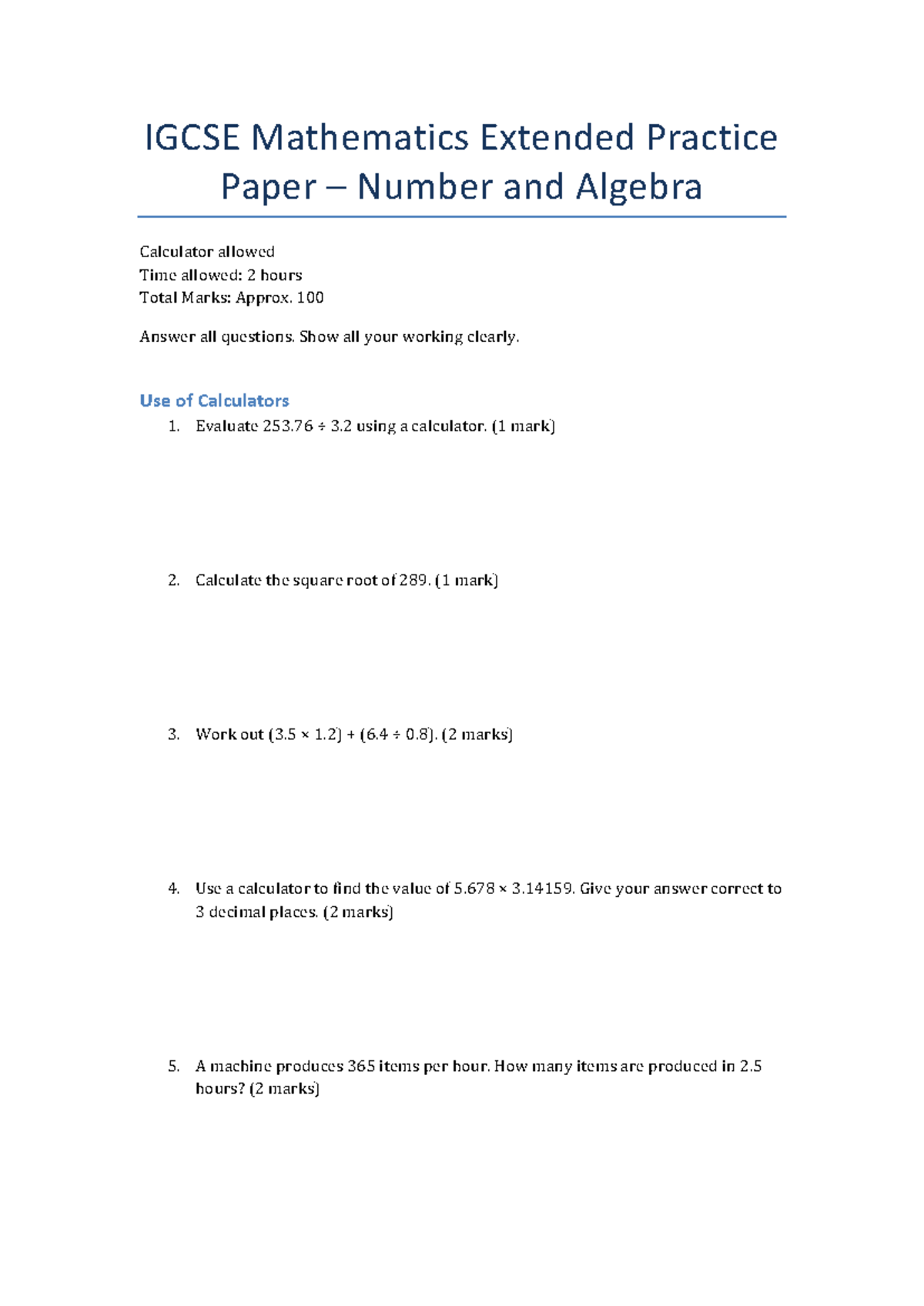 IGCSE Math Extended Practice Paper: Number & Algebra - Studocu