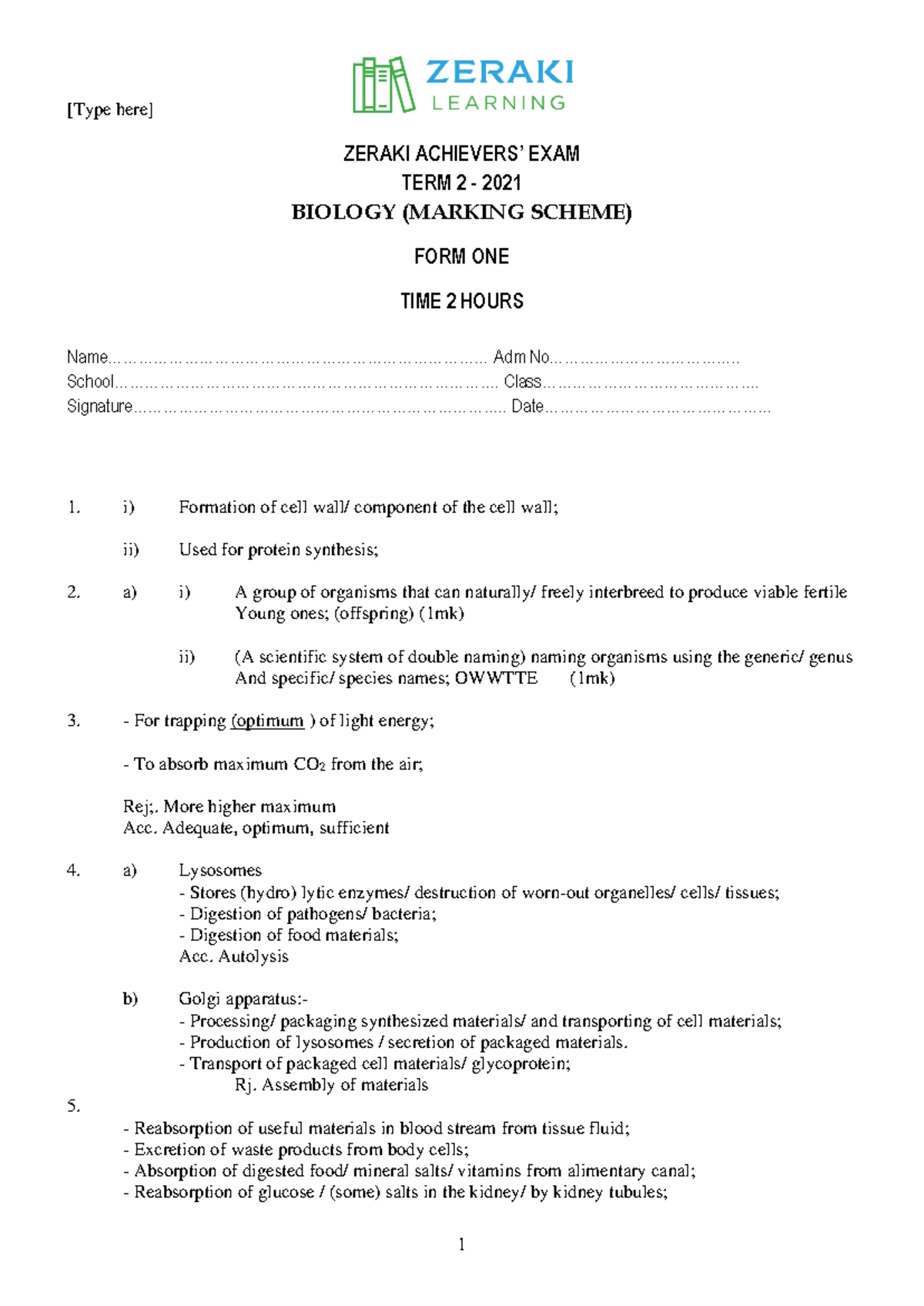 Biology Form 1 - Zeraki Achievers 4.0 - Term 2 Exam Marking Scheme ...