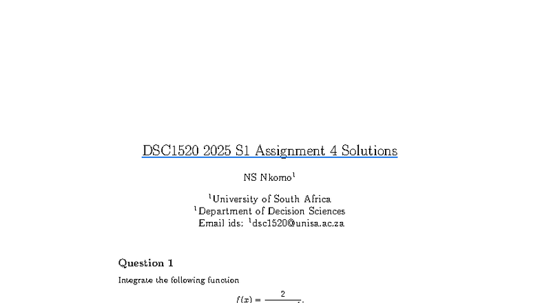 Assignments 4 - ASSIGNMENT 4 WITH SOLUTIONS - DSC1520 2025 S1 Assignment 4 Solutions NS Nkomo 1 ...