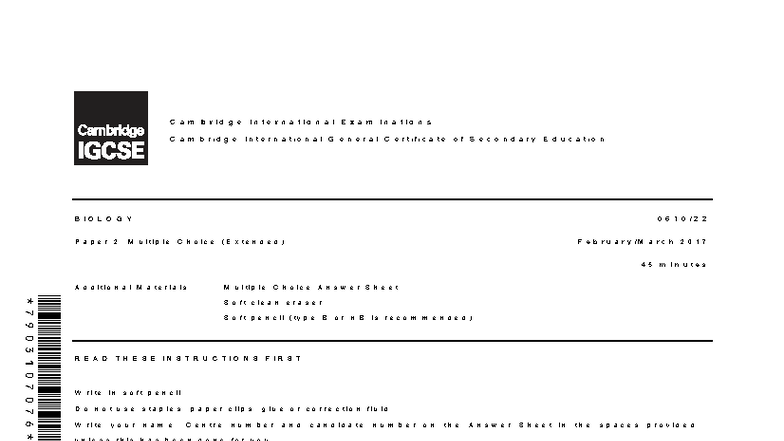 Cambridge IGCSE Biology 0610/22 Paper 2 MCQ (Extended) 2017 - Studocu