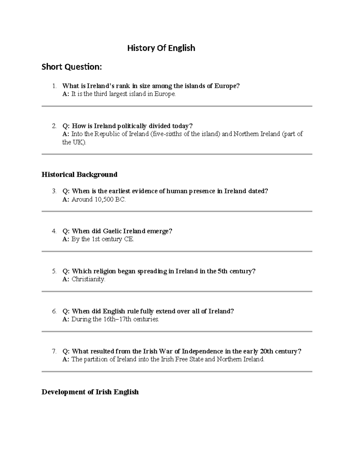ENG 501: History of English - Short Questions and Answers - Studocu