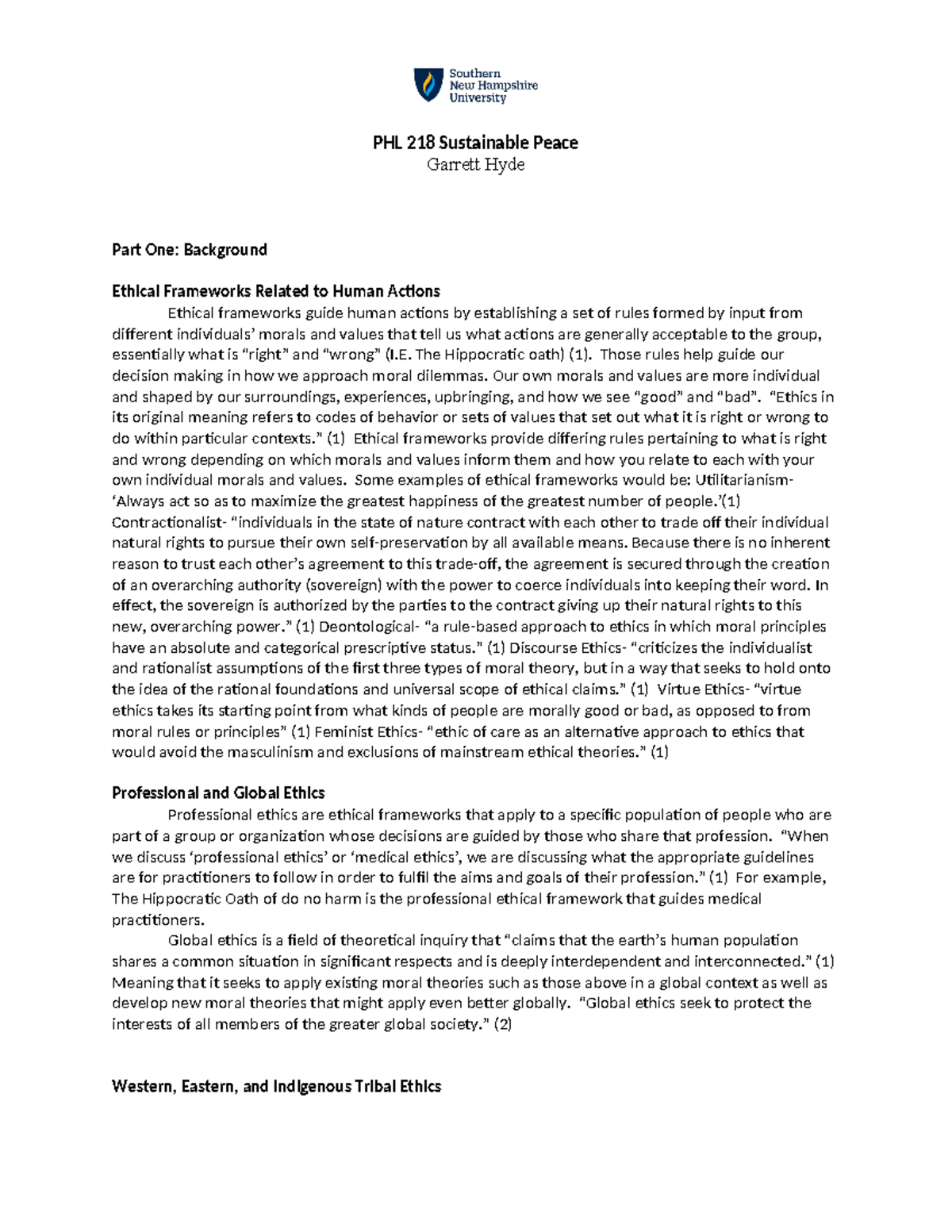 PHL 218 Final Project: Ethical Frameworks in Sustainable Peace - Studocu