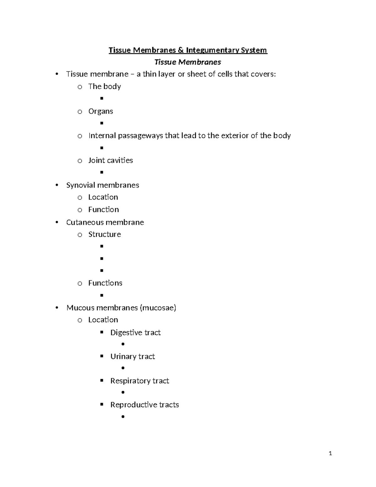 Tissue Membranes & Integumentary System Overview (BIO 101) - Studocu