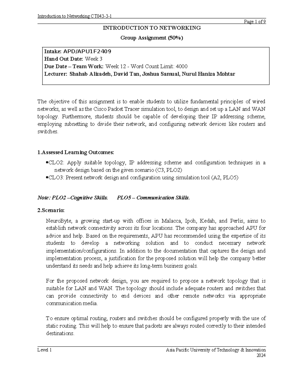 Introduction to Networking Assignment - Page 1 of 9 INTRODUCTION TO ...