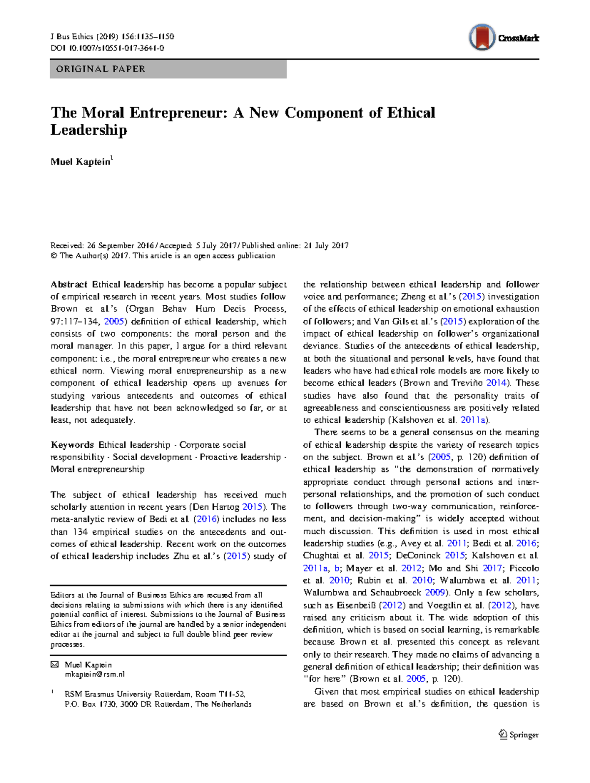 J Bus Ethics (2019) Final Paper: The Moral Entrepreneur in Ethical ...