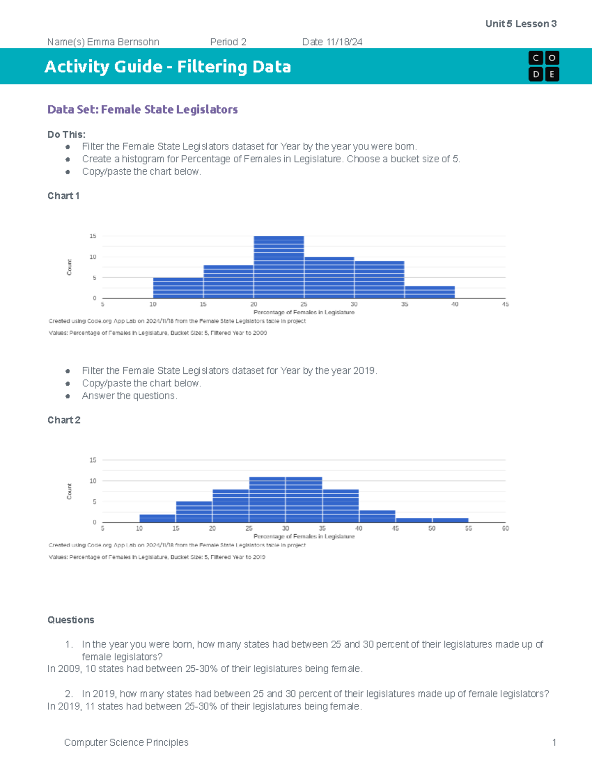 Bernsohn Activity Guide - Filtering Data - Unit 5 Lesson 3 - Unit 5 Lesson 3 Name(s) Emma ...