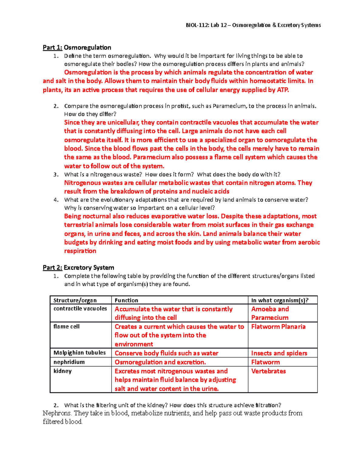 BIOL-112 Lab 12 Worksheet: Osmoregulation & Excretory Systems Insights ...