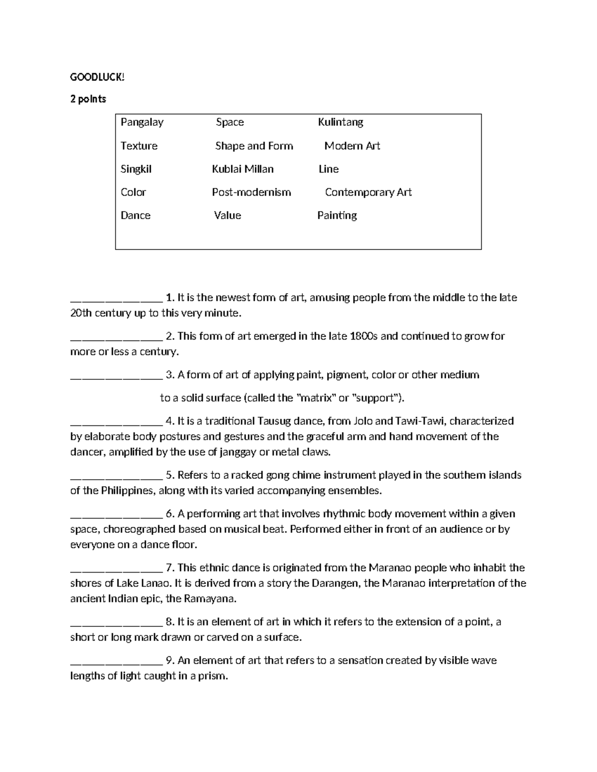 Pangalay & Kulintang: Modern Art & Dance Quiz Notes (ART101) - Studocu