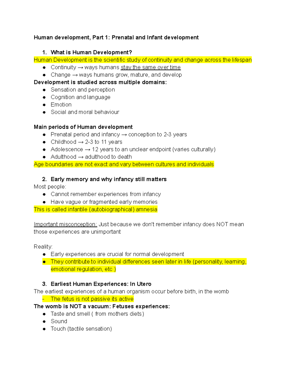 PSYA02 Lecture Notes: Human Development - Prenatal & Infant Stages ...