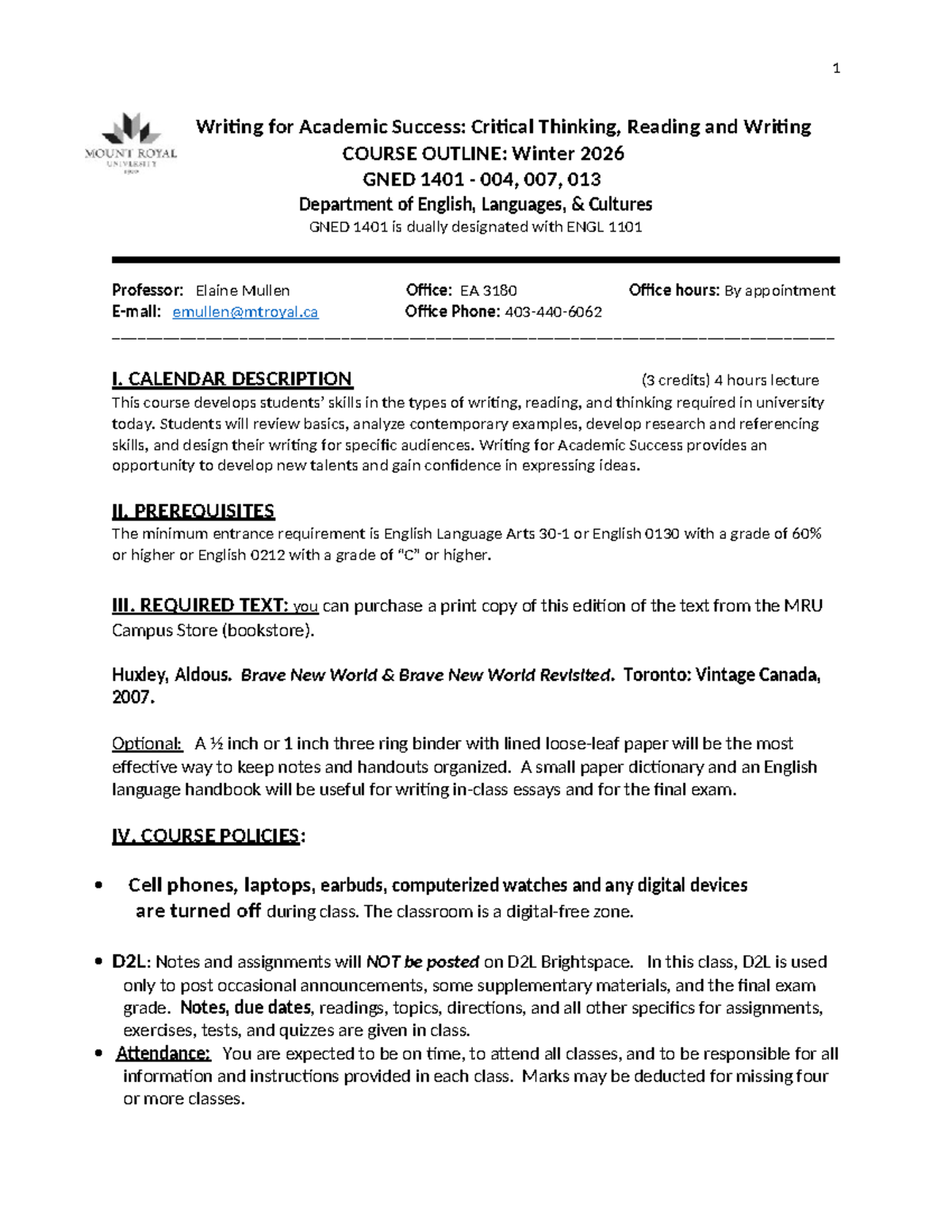 GNED 1401 Course Outline: Writing for Academic Success Winter 2026 ...