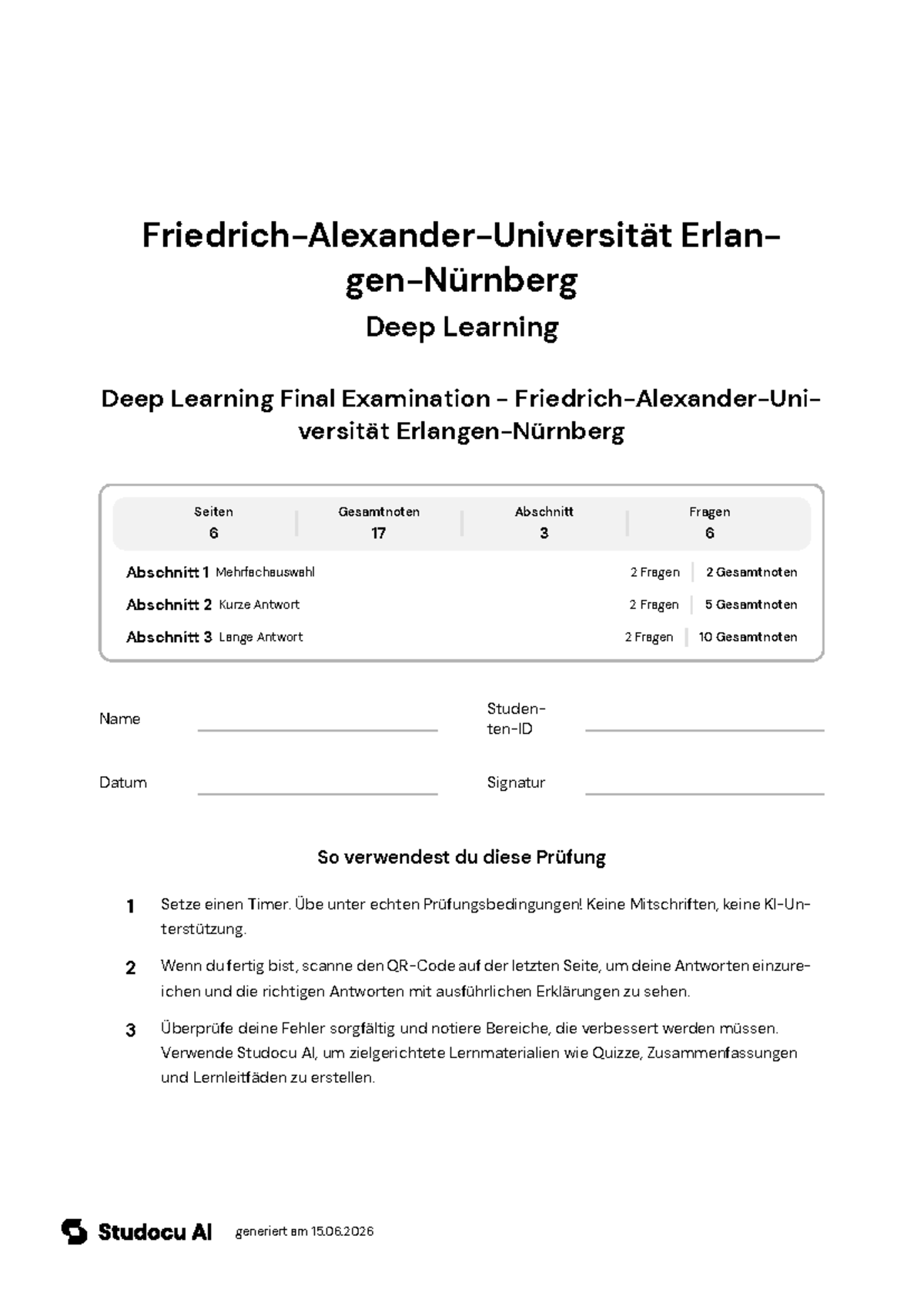 Deep Learning Final Exam - FAU Erlangen-Nürnberg - Studocu