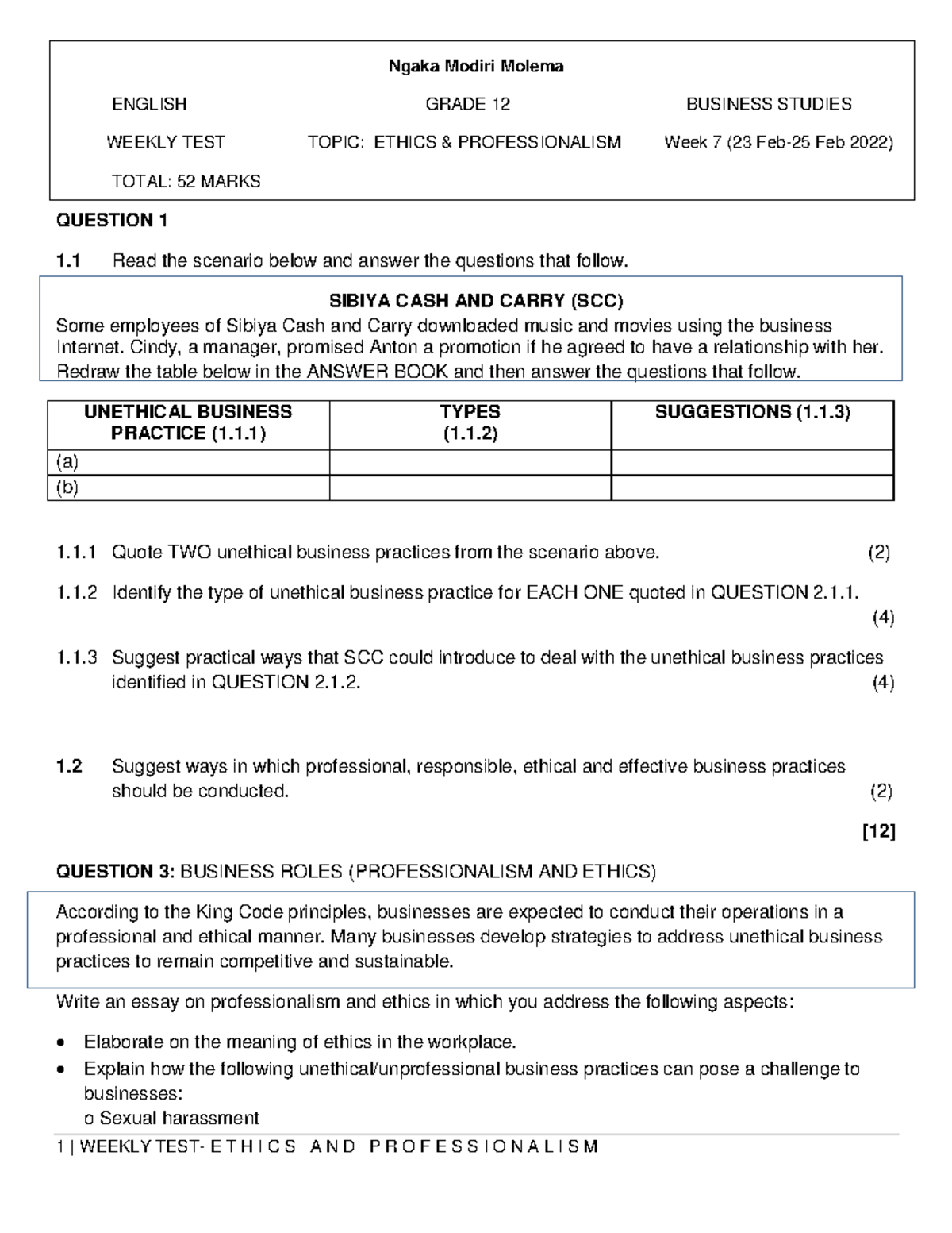 Weekly Test on Ethics & Professionalism: English Grade 12 (Week 7 ...