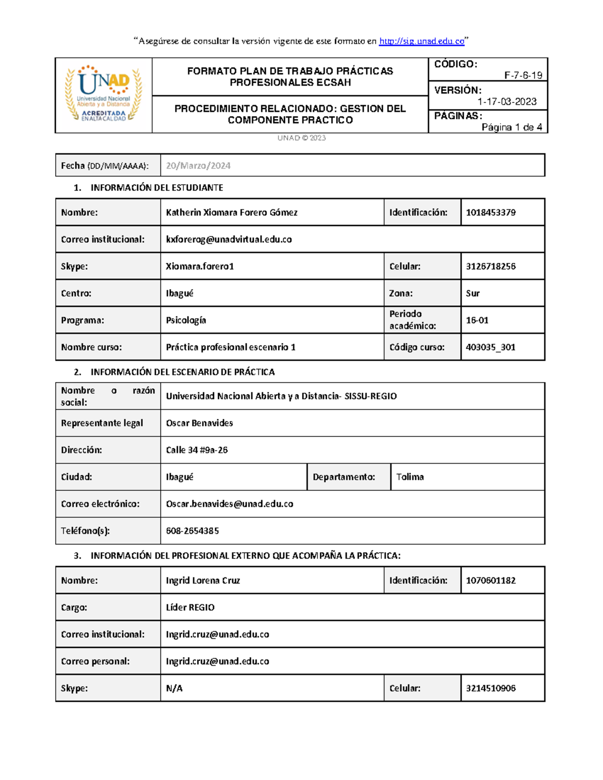 Formato F-7-6-19: Plan de Trabajo para Prácticas Profesionales - Studocu