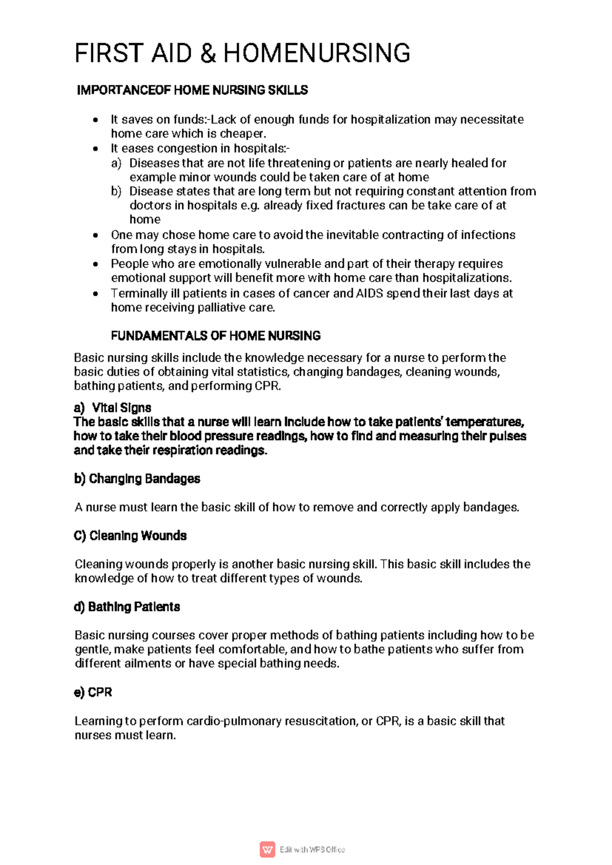 First Aid Notes: Importance and Skills for Home Nursing (NUR 101) - Studocu