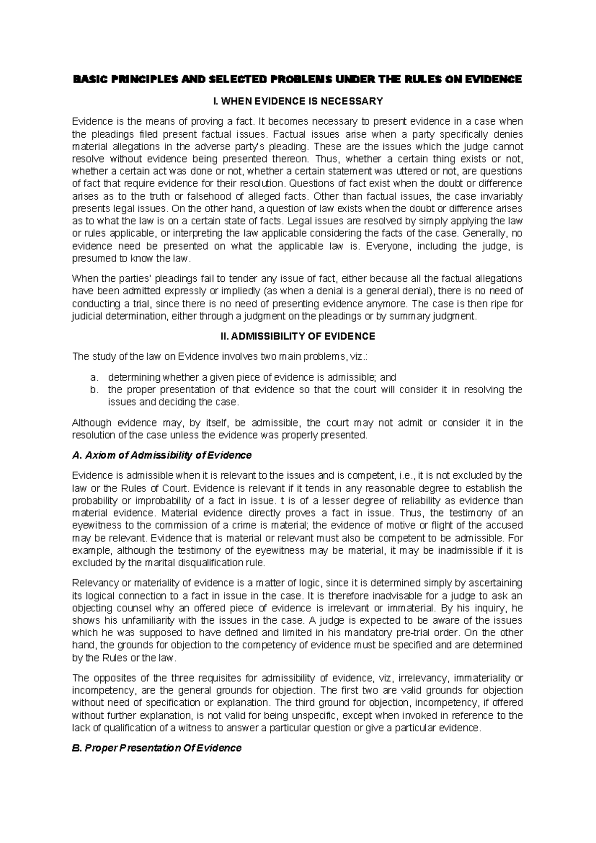 BASIC PRINCIPLES AND SELECTED PROBLEMS IN EVIDENCE LAW (LAW 101) - Studocu