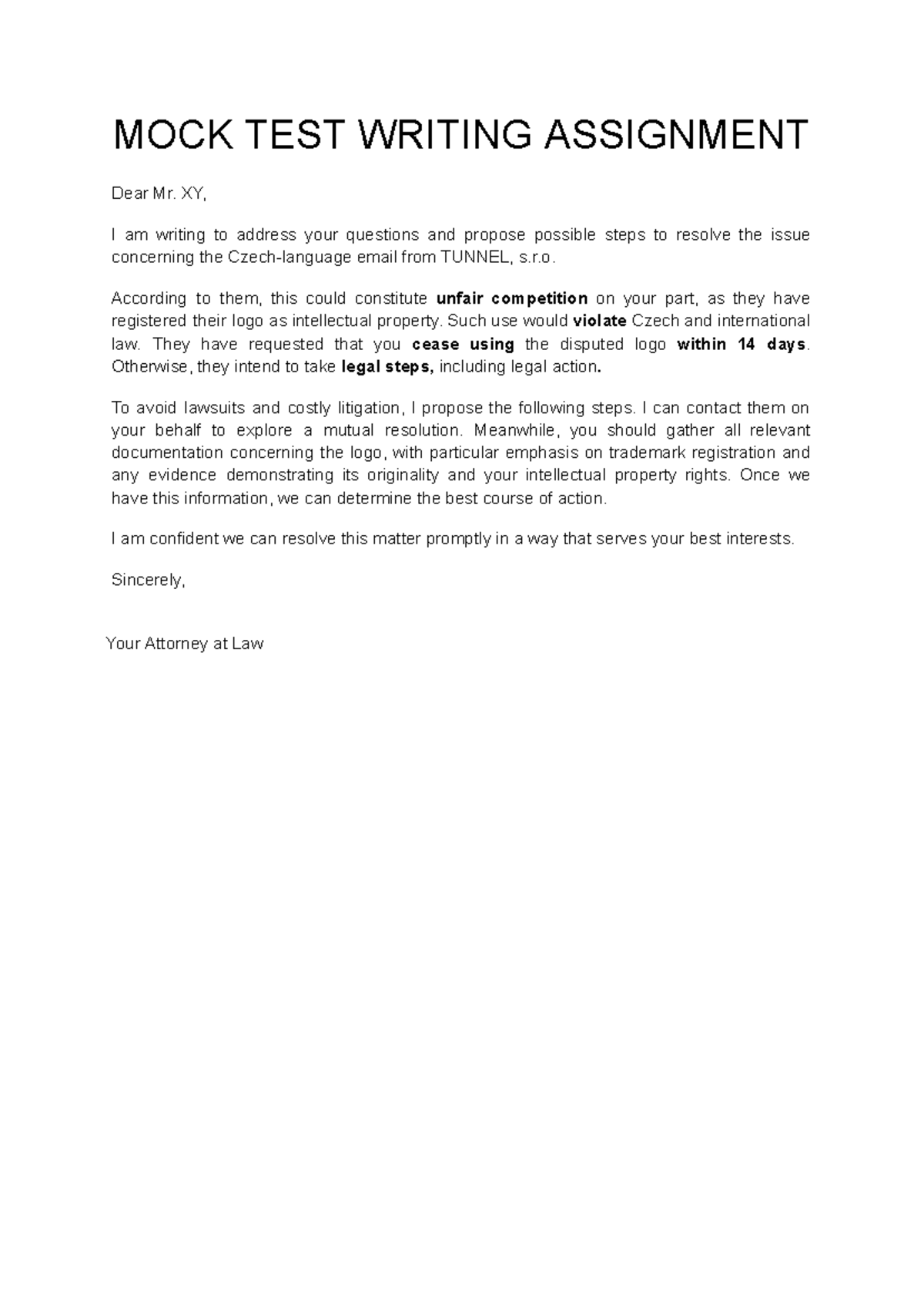 Mock test writing assignment on intellectual property dispute ...