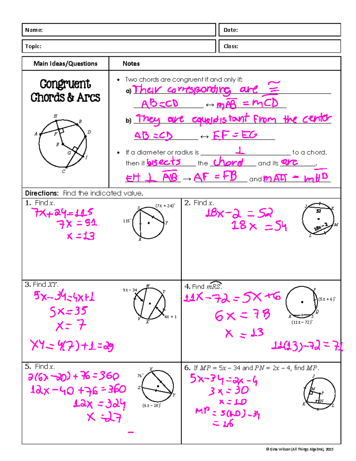 10-3 Geometry Notes: Chords and Circle Measurements - Studocu