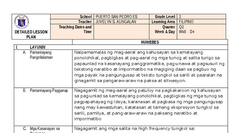 DLP Filipino 2 Q2 Wk8 D4: Comprehensive Lesson Plan on Text Analysis ...