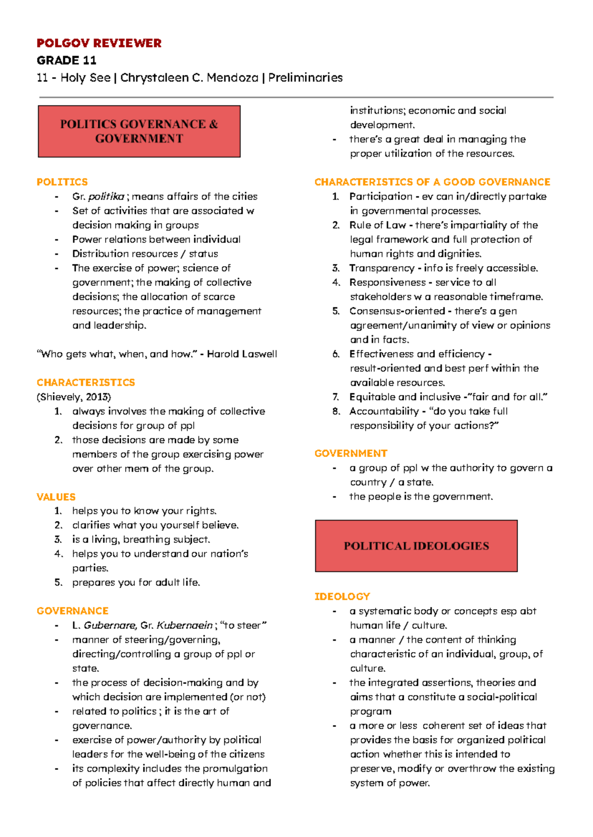 POLGOV GRADE 11 PRELIMINARY REVIEWER ON POLITICS AND GOVERNANCE - Studocu