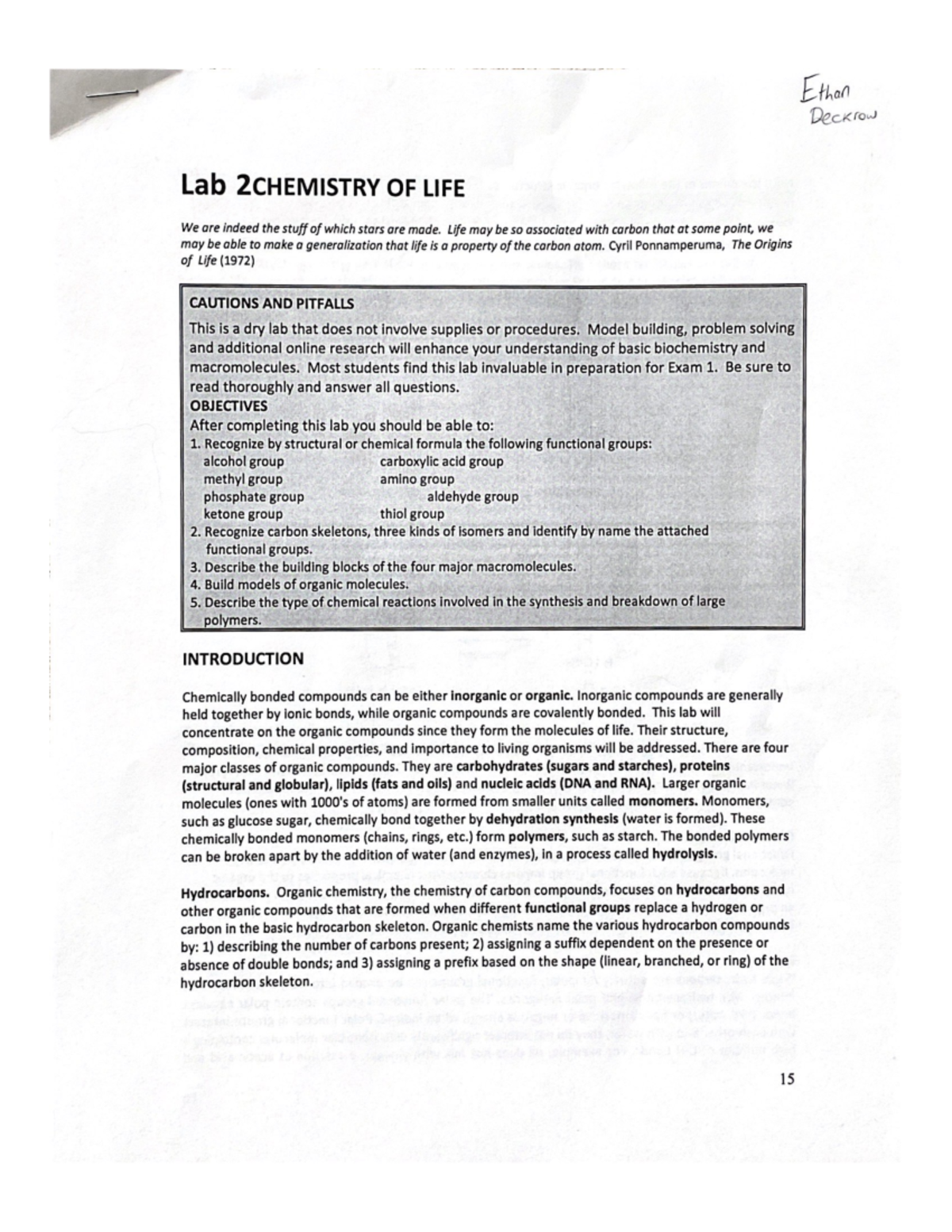 Lab 2 Chemistry OF LIFE - Lab document - Ethan Deckrow Lab 2CHEMISTRY ...