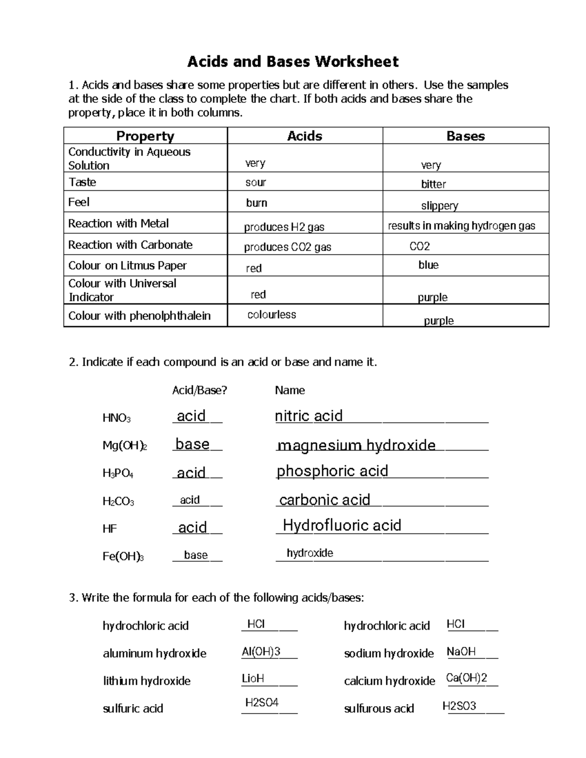 Acid Base Naming Worksheet Comprehension: Acids And Bases (upper