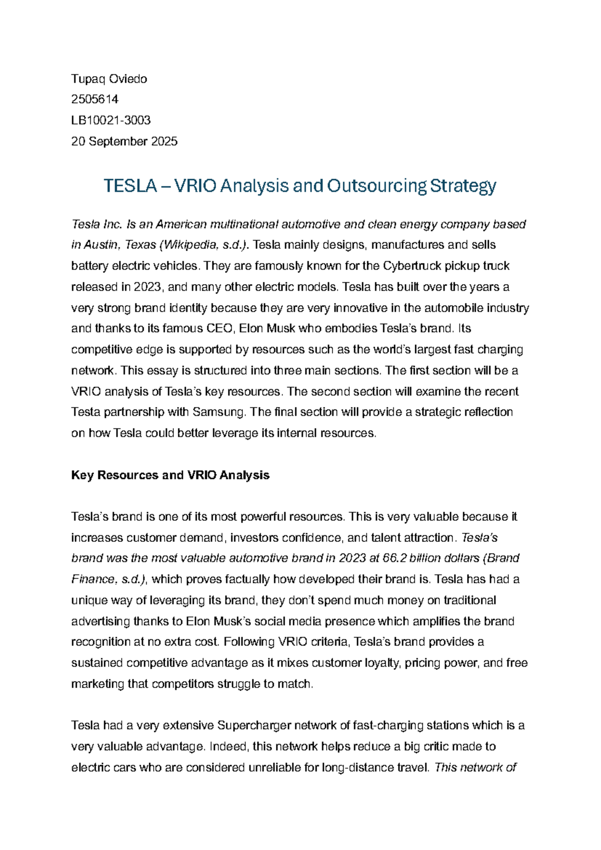 Tesla 2505614 VRIO Analysis & Outsourcing Strategy Essay - Studocu