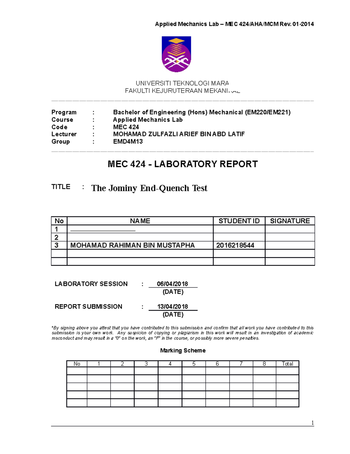 MEC 424 Jominy End-Quench Test Laboratory Report - Studocu
