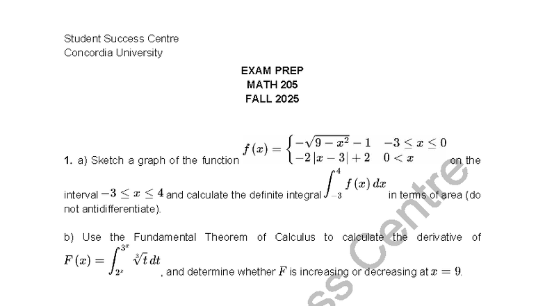 MATH 205 Fall 2025 Final Exam Prep: Integrals & Calculus Concepts - Studocu