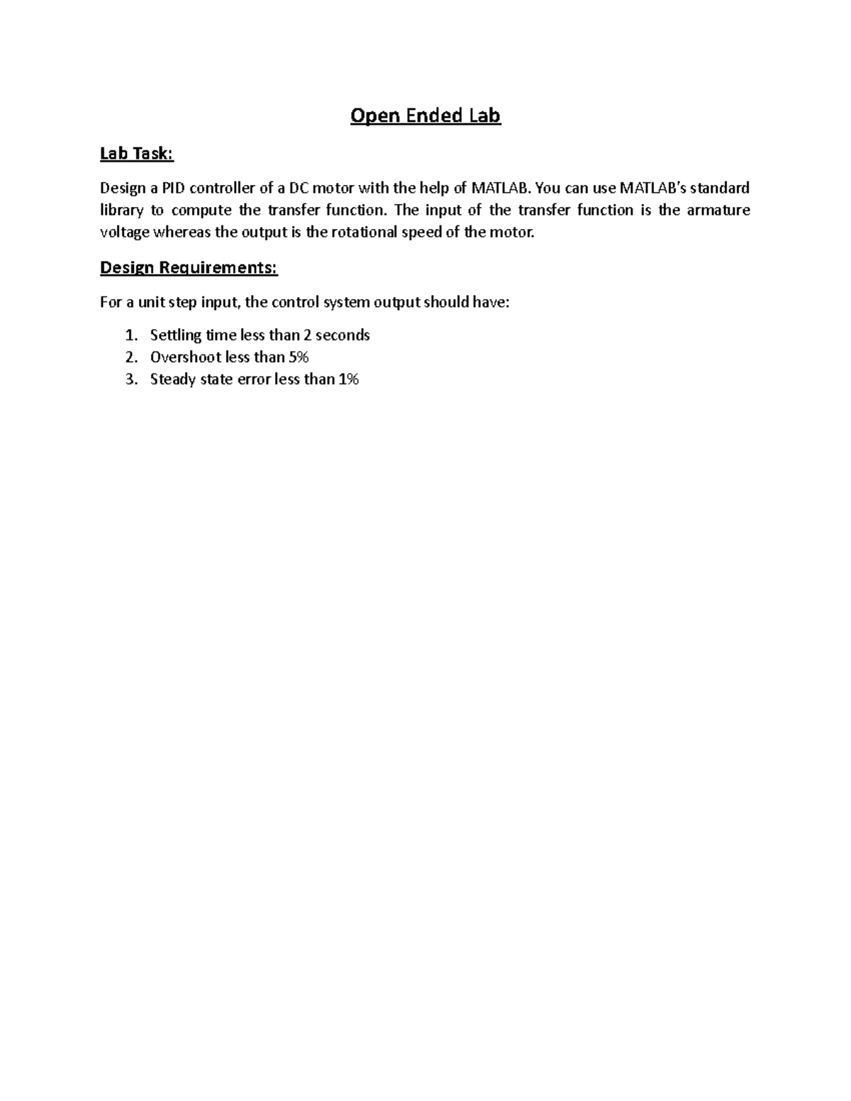 Open Ended Lab - Open Ended Lab Lab Task: Design a PID controller of a DC motor with the help of ...