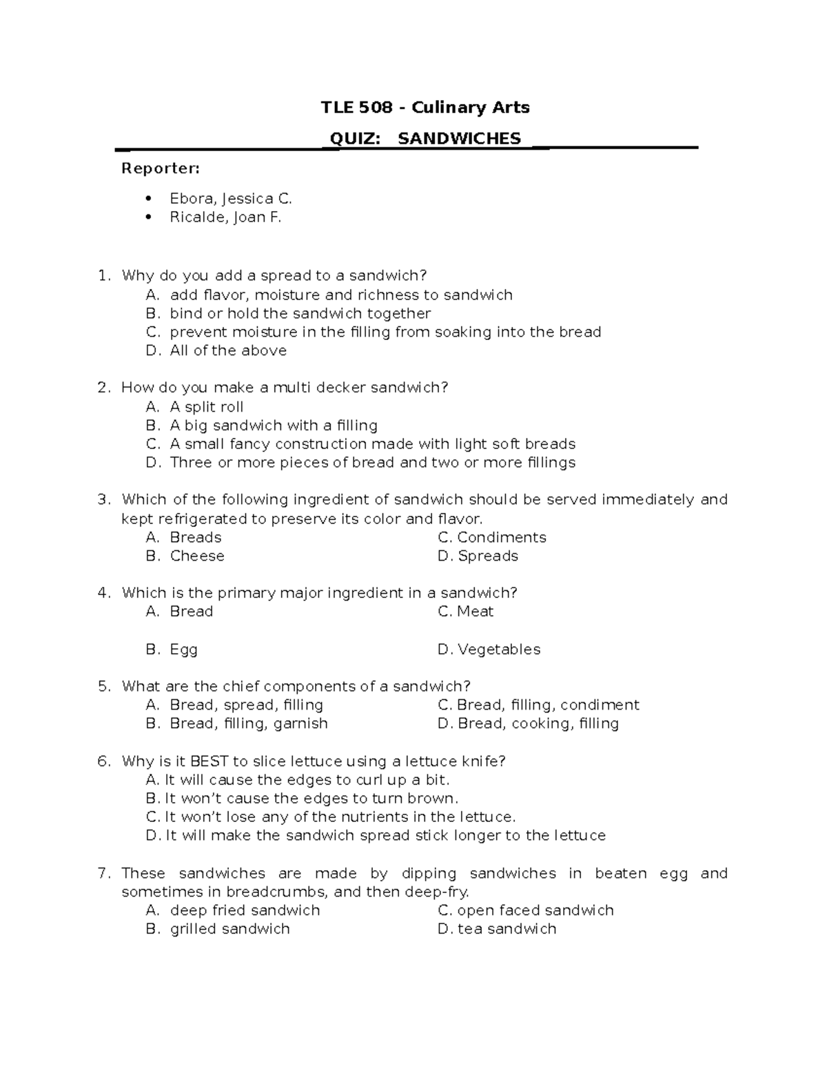 QUIZ: Sandwiches - TLE 508 Culinary Arts Study Guide - Studocu